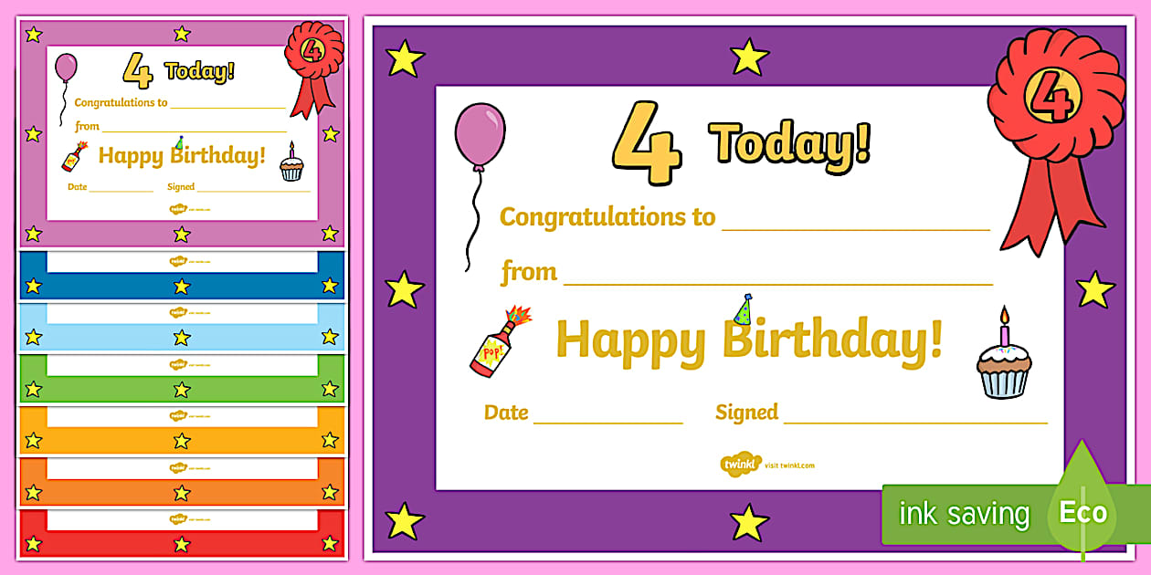 👉 Editable Birthday Certificates (Age 4) (teacher made)
