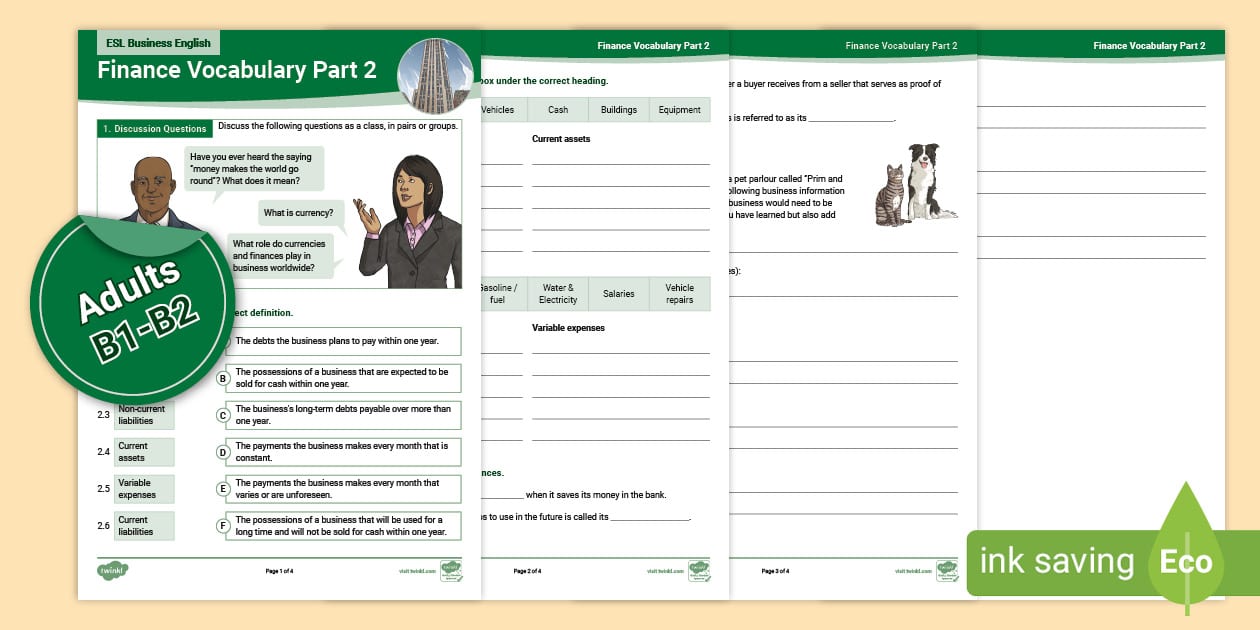 ESL Business English: Finance Vocabulary Part 2 Worksheet