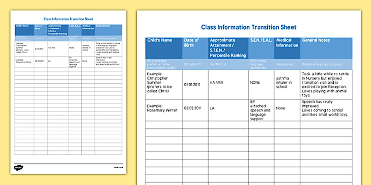Editable ROI Class Information Transition Sheet Checklist