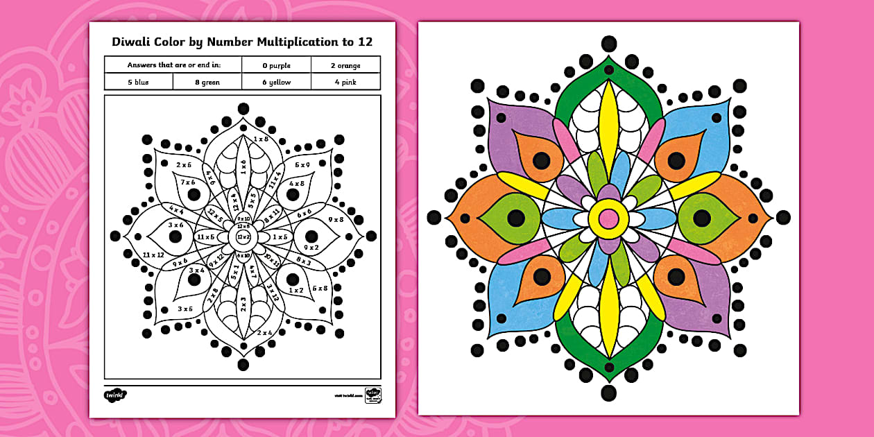 Diwali Color by Number Multiplication to 12 Worksheet