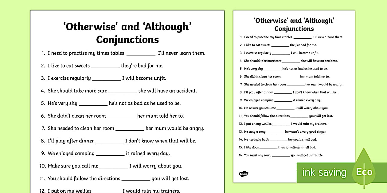 'Otherwise' and 'Although' Conjunctions Worksheet / Worksheet
