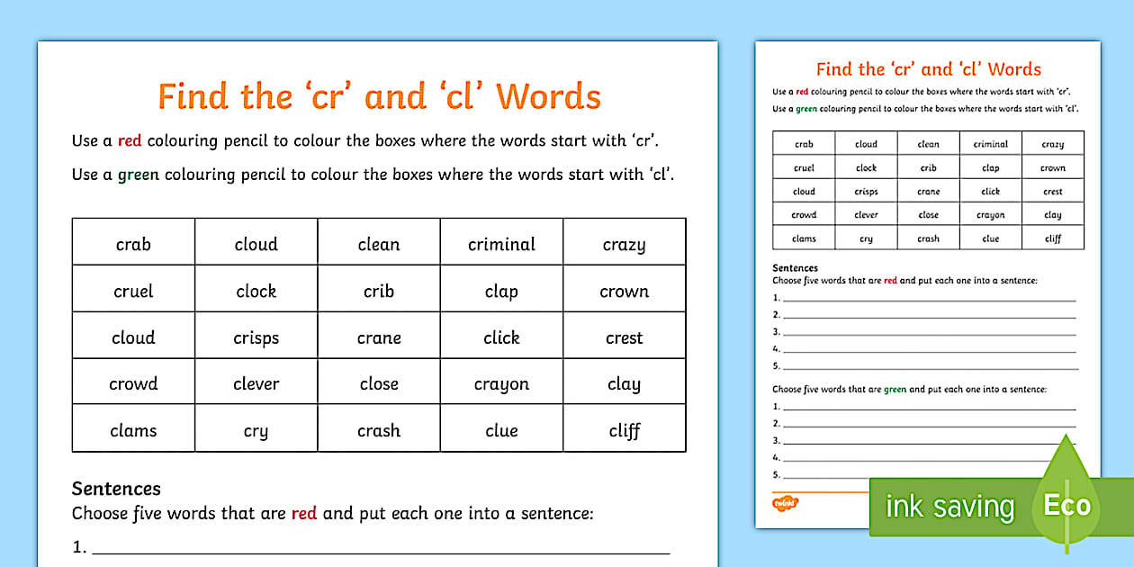 'cl' & 'cr' Phonics Words Activity | Letter Blends | Twinkl