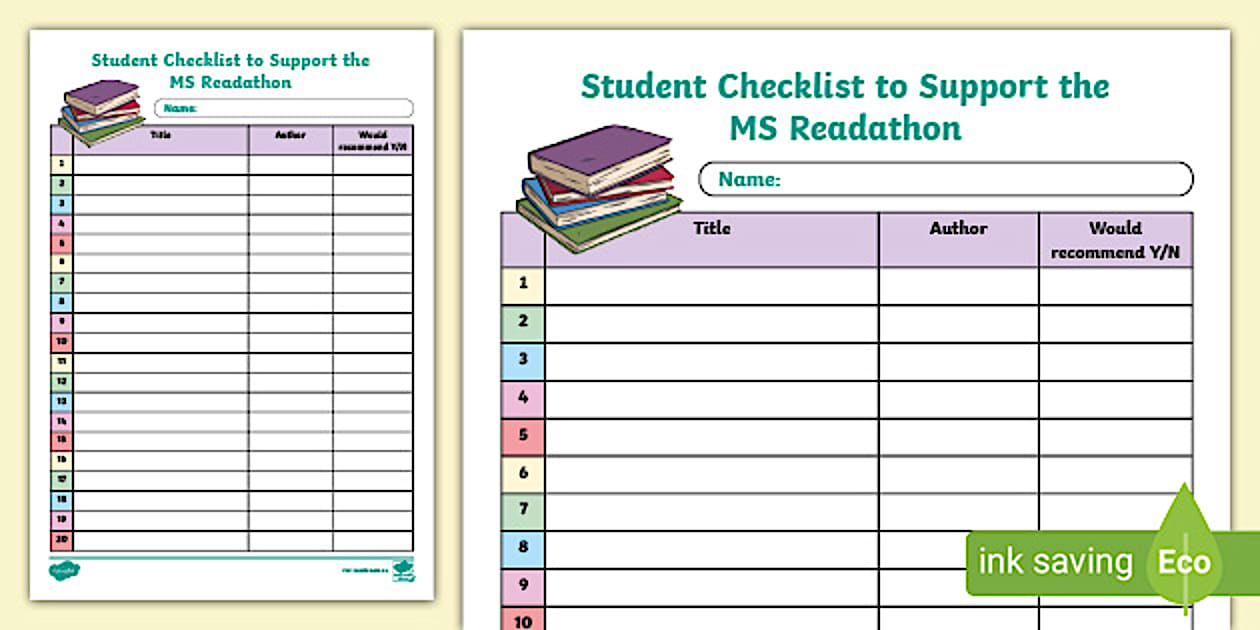 Student Checklists to Support the MS Readathon - Twinkl