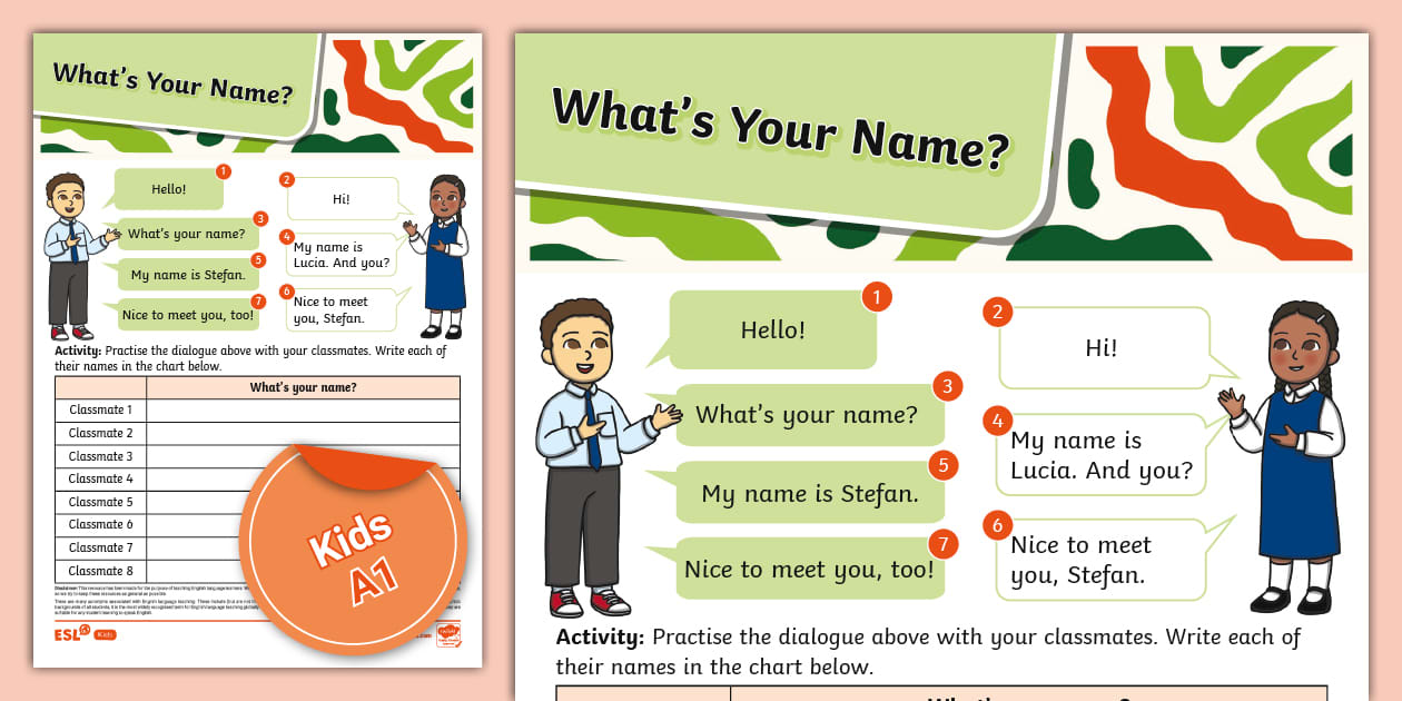 ESL What's Your Name? Dialogue Activity Sheet [Kids, A1]