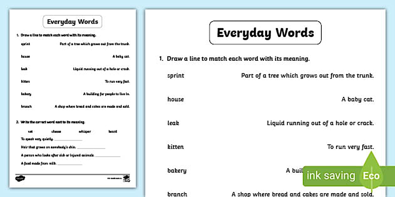 Everyday Words Meanings Definitions Match Worksheet - Twinkl
