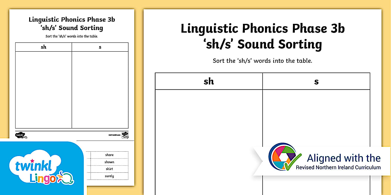 Northern Ireland Linguistic Phonics Phase 3b 'sh/s' Sound Sorting Activity