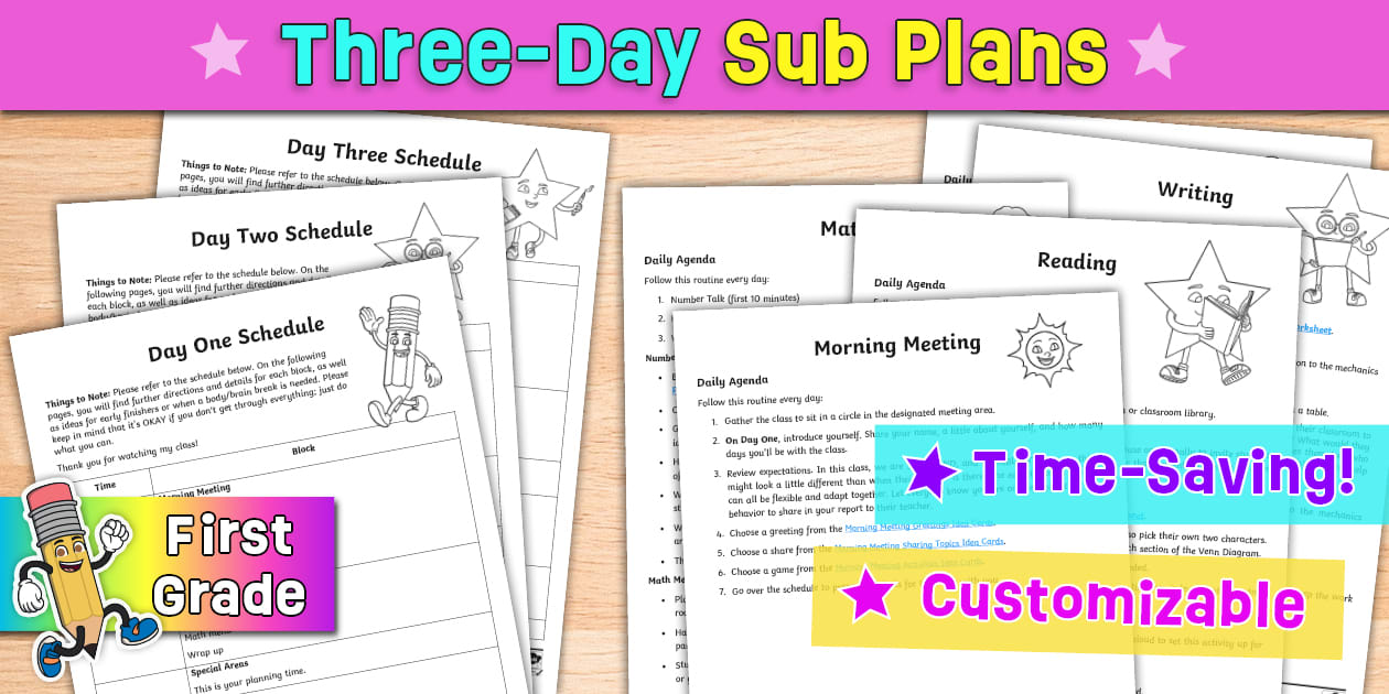 First Grade Editable Three-Day Emergency Substitute Plan