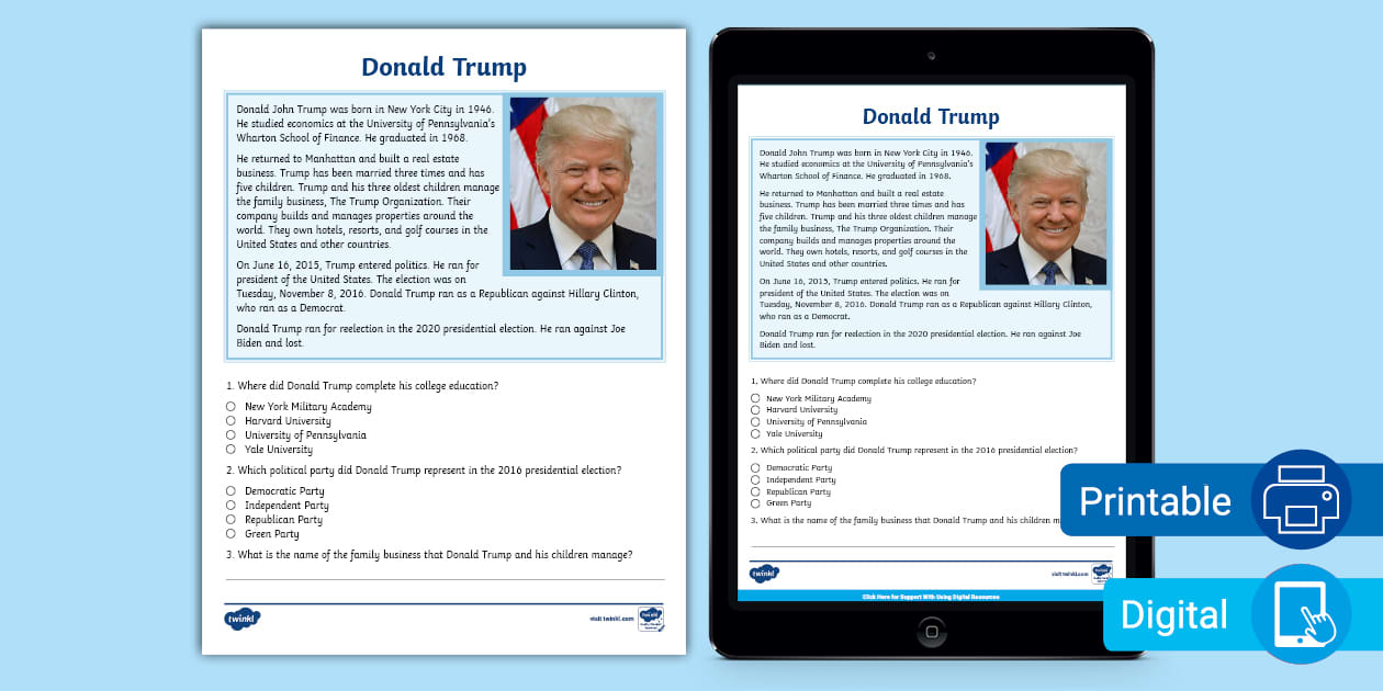 Fourth Grade Donald Trump Reading Passage Comprehension