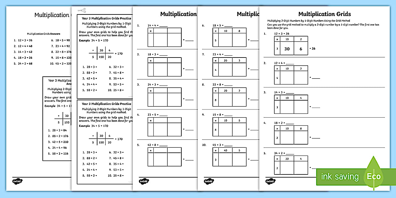 Using the Grid or Box Method of Multiplication PDF - Year 3