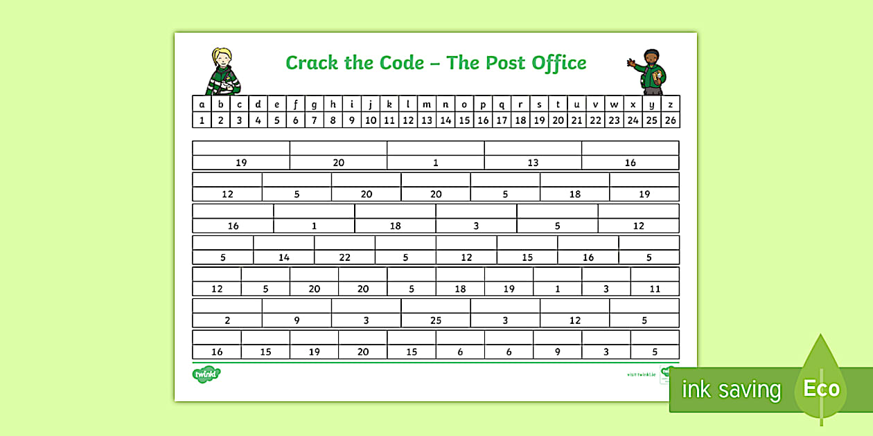 The Post Office Aistear Crack the Code Worksheet - Twinkl