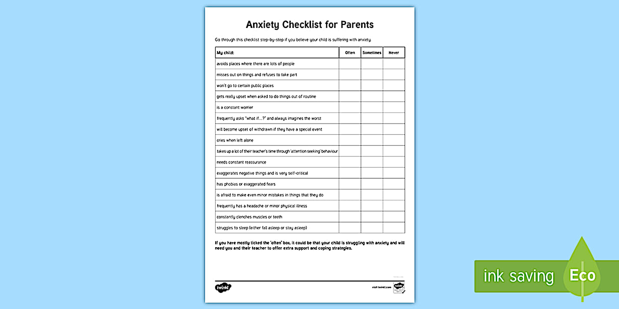 Anxiety Checklist for Students - Inclusive Resources