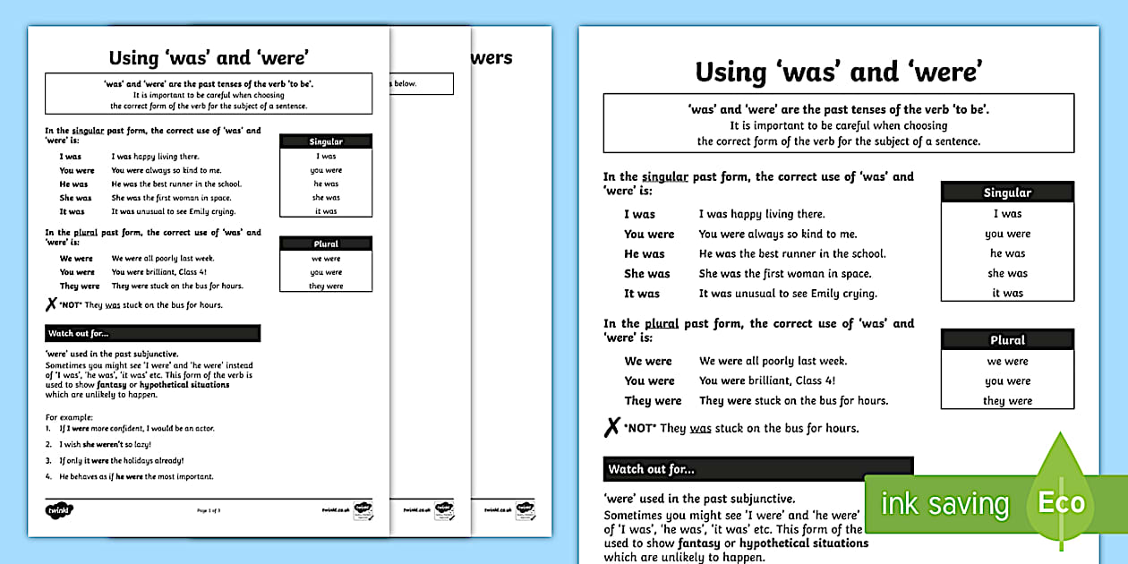 SA Was and Were Rules and Quiz Worksheet - Twinkl