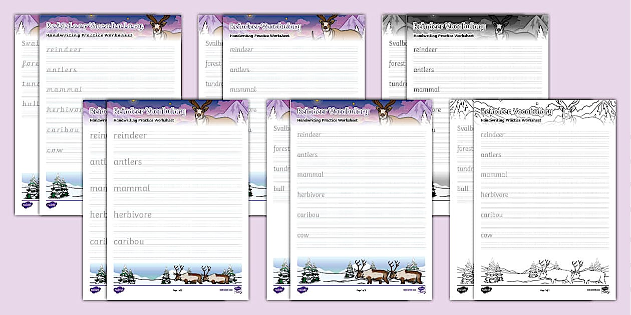 Reindeer Vocabulary Handwriting Practice Worksheet - Twinkl