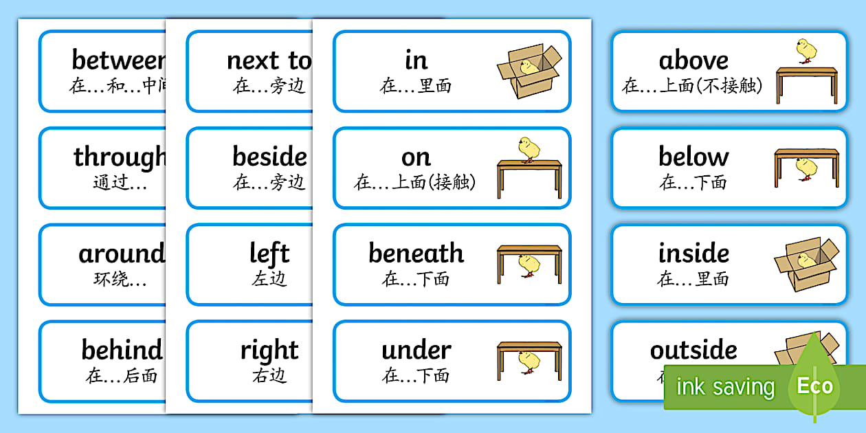 Spring Chick Themed Positional Language Vocabulary Cards English/Mandarin