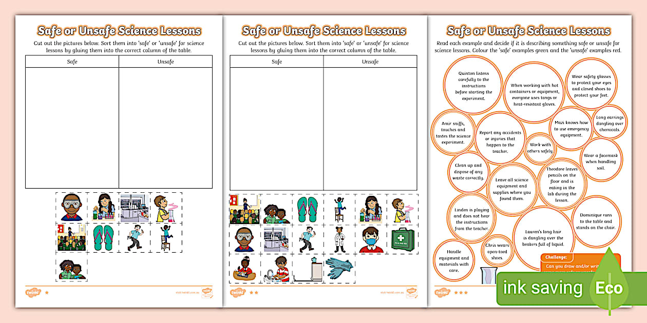 Safe and Unsafe Science Activity Sheets (teacher made)