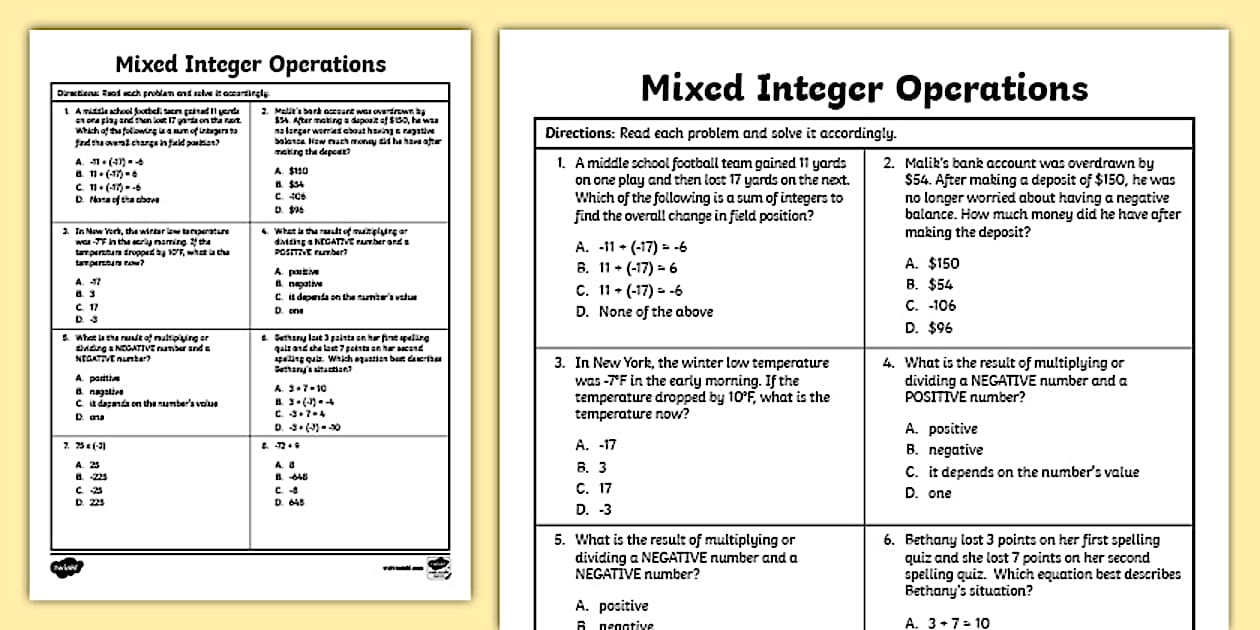 Seventh Grade Mixed Integer Operations - Twinkl Seventh Grade Mixed Integer Operations - Twinkl