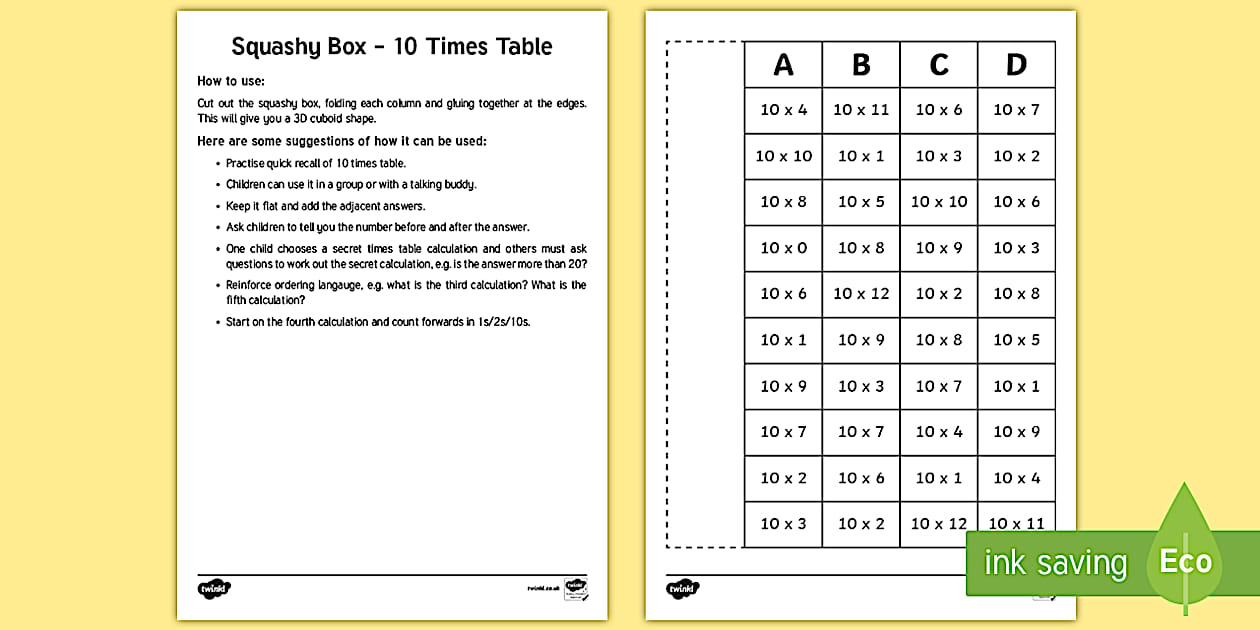 Editable Squashy Boxes 10 Times Tables Craft (teacher made)