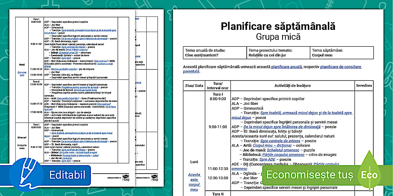 Corpul meu – Model de planificare săptămânală grupa mică