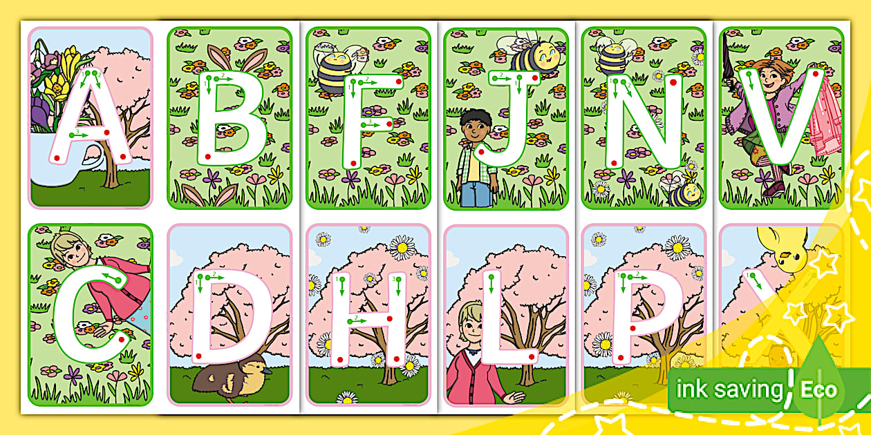 Spring-Themed A to Z Upper-Case Letter Formation Cards