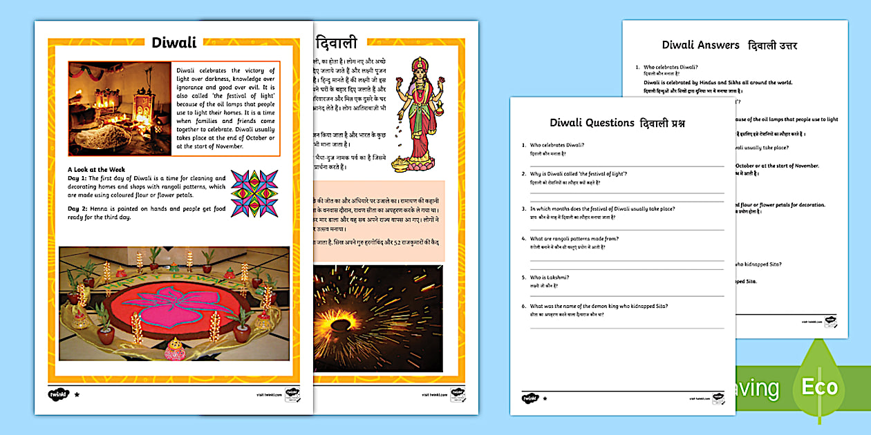 Diwali Differentiated Reading Comprehension Activity - English / Hindi ...
