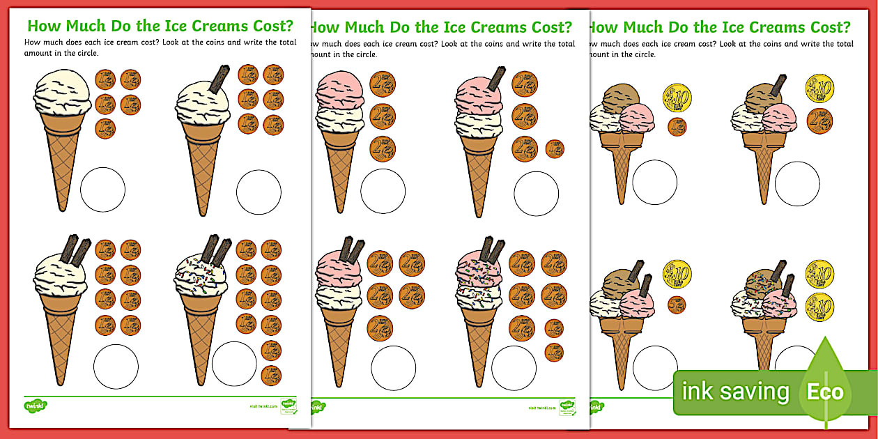 How Much Do the Ice Creams Cost? Euro Worksheets - Twinkl