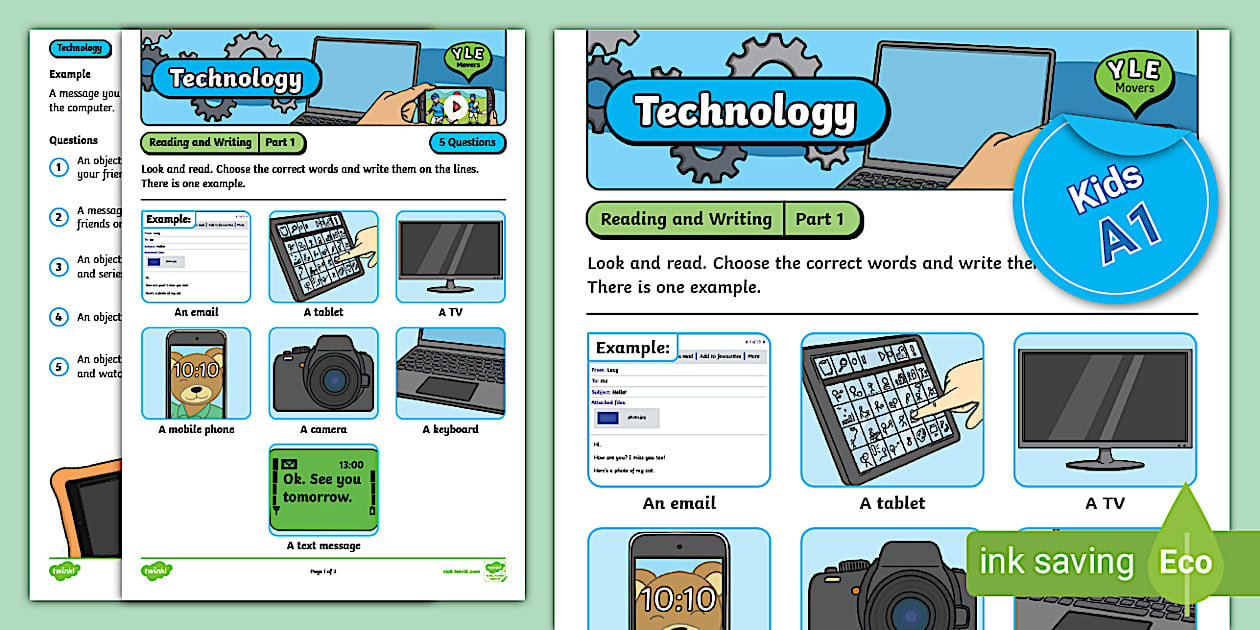YLE Movers - Reading and Writing Part 1 - Practice Sheet (Technology) [A1]