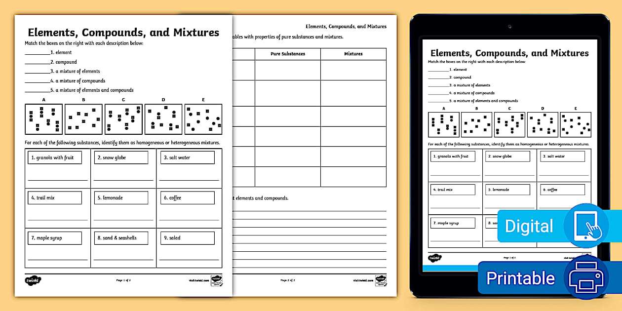 Elements Compounds & Mixtures Worksheet | Twinkl USA