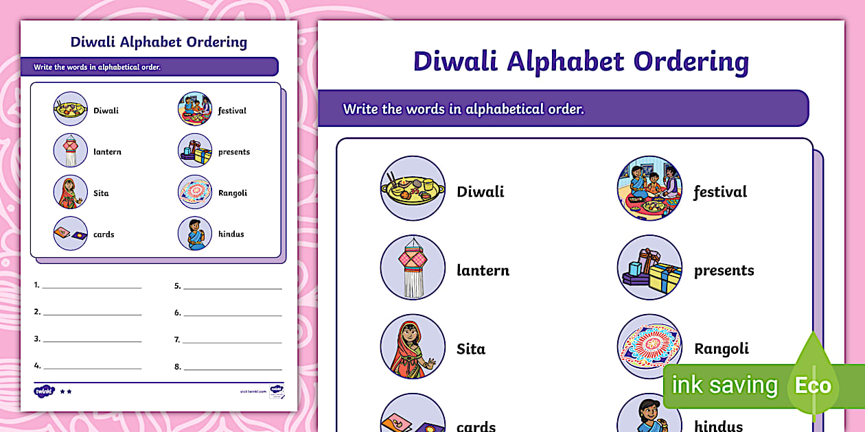 Higher Ability Diwali Alphabet Ordering Worksheet - Twinkl