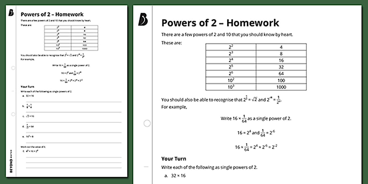 👉 Powers of 2 Homework | KS4 Maths | Beyond - Twinkl