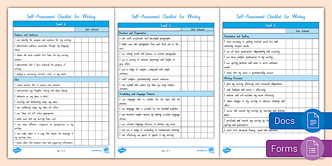 Level 4 NZ Writer's Self-Assessment Checklist (teacher made)