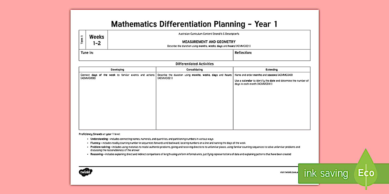 Year 1 Months Mathematics Differentiated Plan - Twinkl