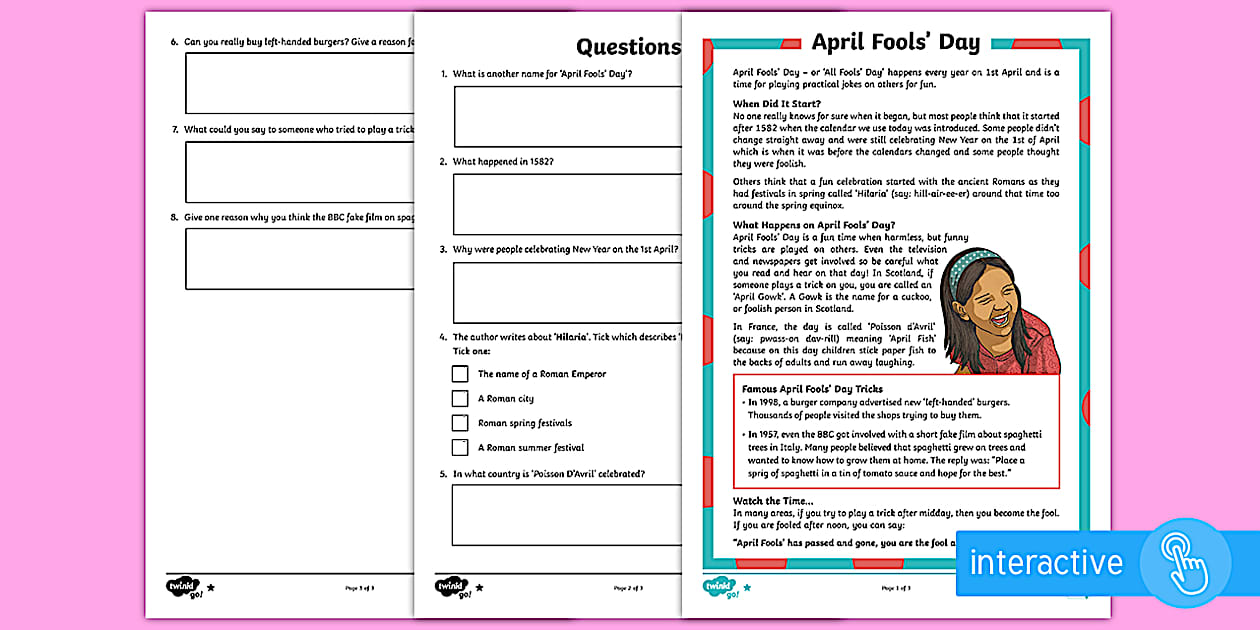 April Fools Day Differentiated Comprehension Go Respond Worksheets