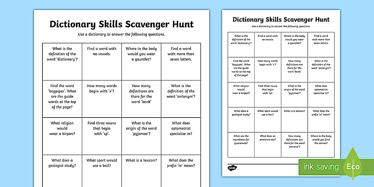 Editable Dictionary Skills Scavenger Hunt Worksheet - Twinkl
