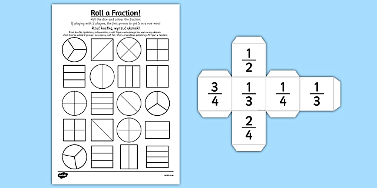 Higher Ability Year 2 Roll a Fraction Worksheet Polish Translation