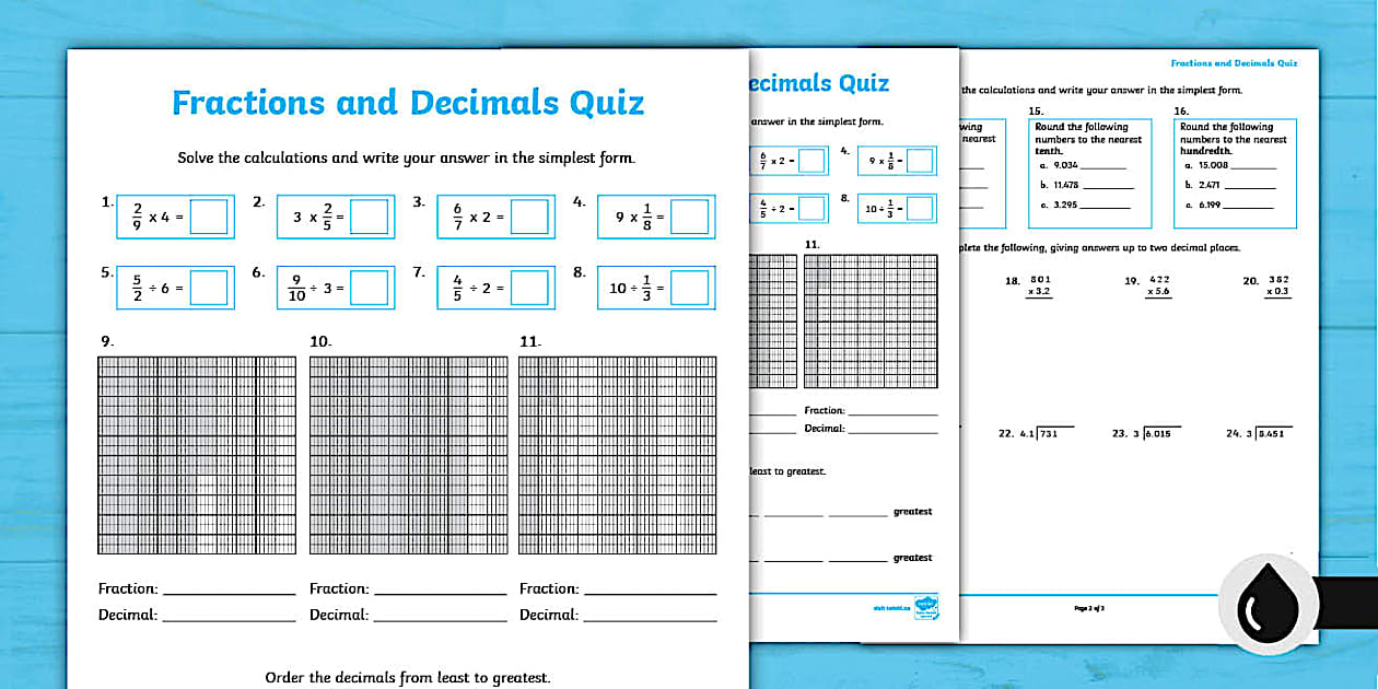 Fractions and Decimals Grade 6 Quiz | Twinkl CA - Twinkl