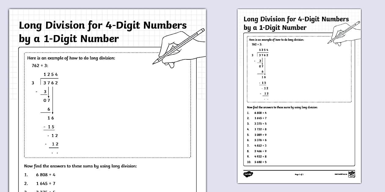 Long Division for 4-Digit Numbers by a 1-Digit Number - Activity Sheet