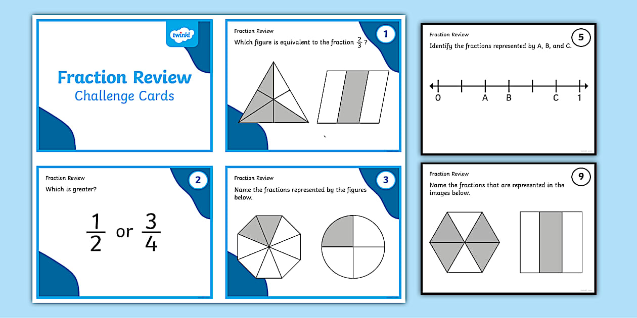 Fraction Review Challenge Cards for 3rd-5th Grade - Twinkl
