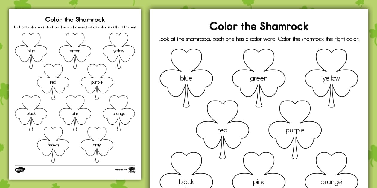 Kindergarten Color Words Color the Shamrock Worksheet