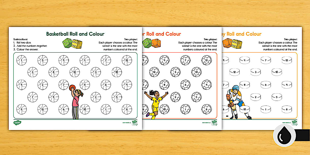 Sports Themed Roll, Add and Colour Dice Addition Game