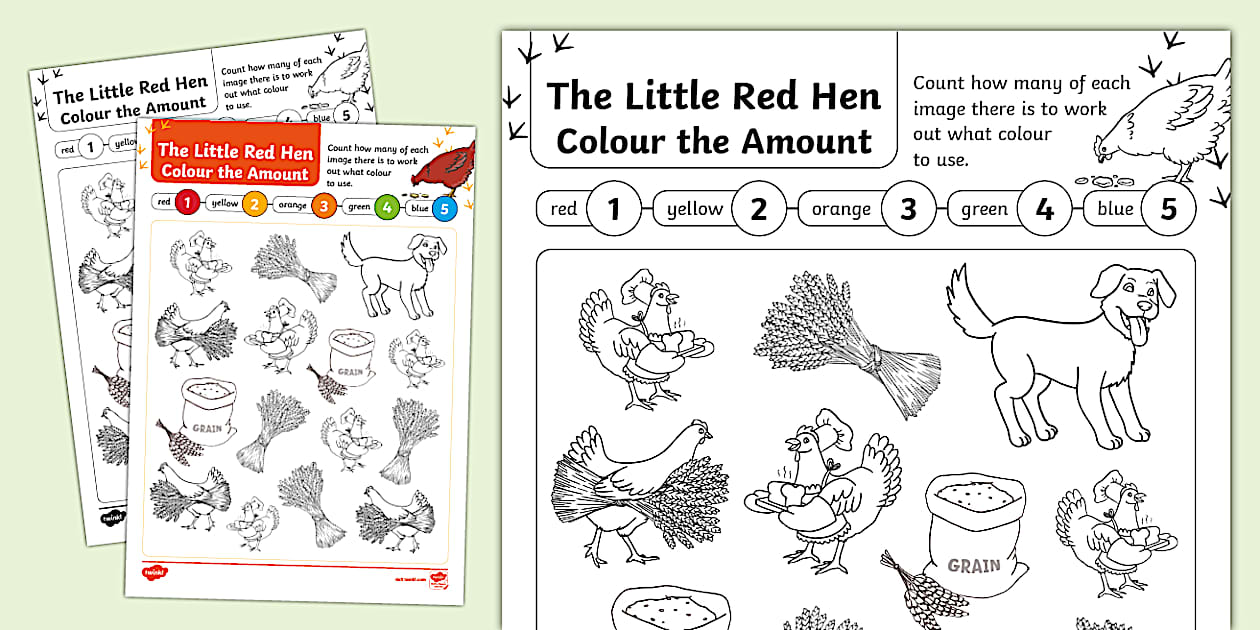 👉 The Little Red Hen Colour the Amount Worksheet - Twinkl