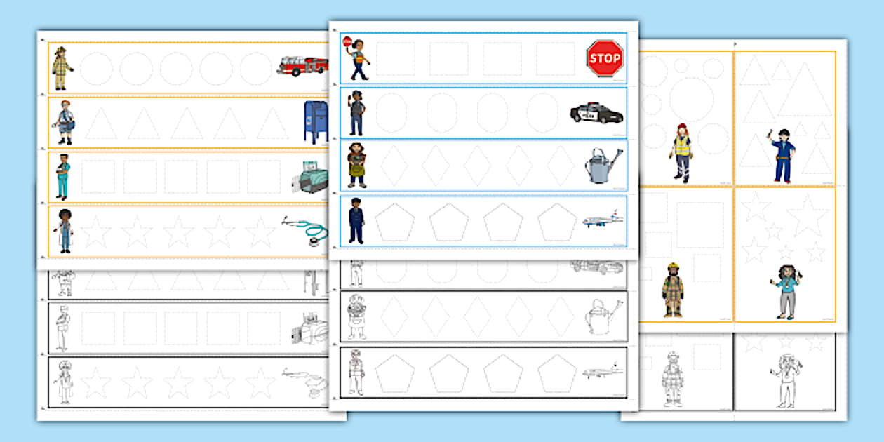 Community Helpers Fine Motor Tracing Cards: Shapes - Twinkl