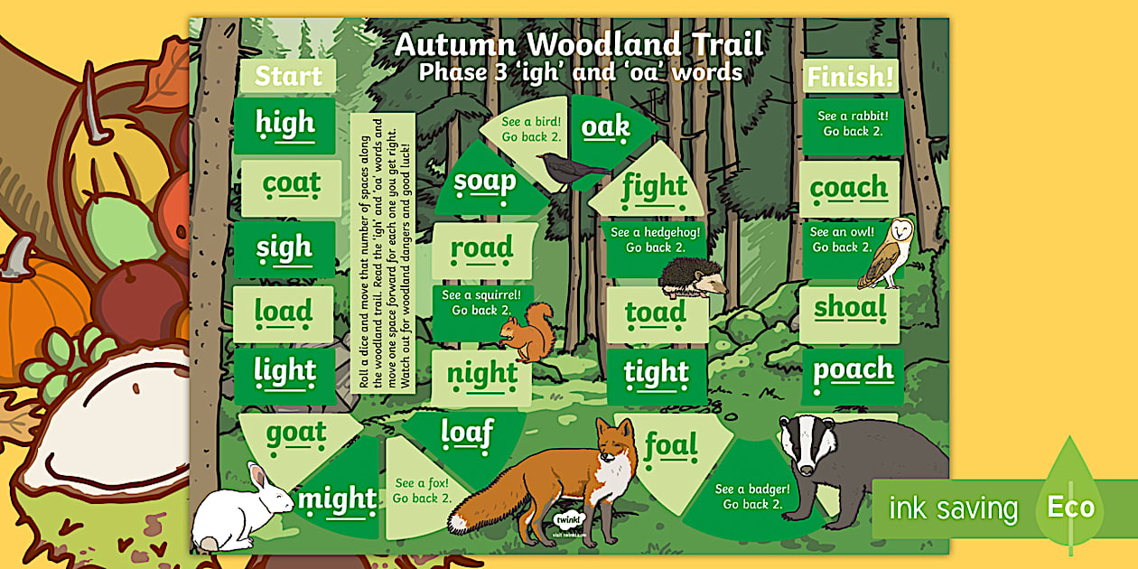 Editable Phase 3 'igh' and 'oa' Words Autumn Woodland Trail Board Game
