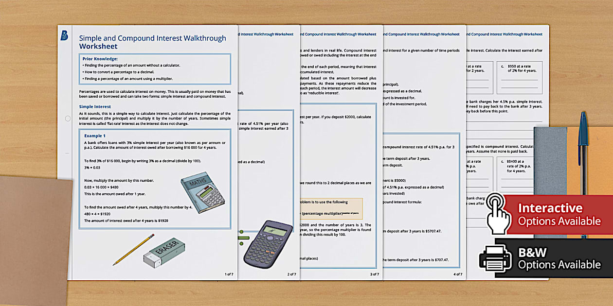 Simple and Compound Interest Walkthrough Worksheet - Twinkl