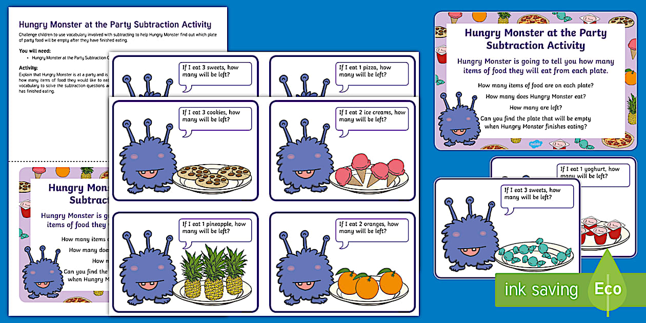 Hungry Monster at the Party Subtraction Activity - Twinkl