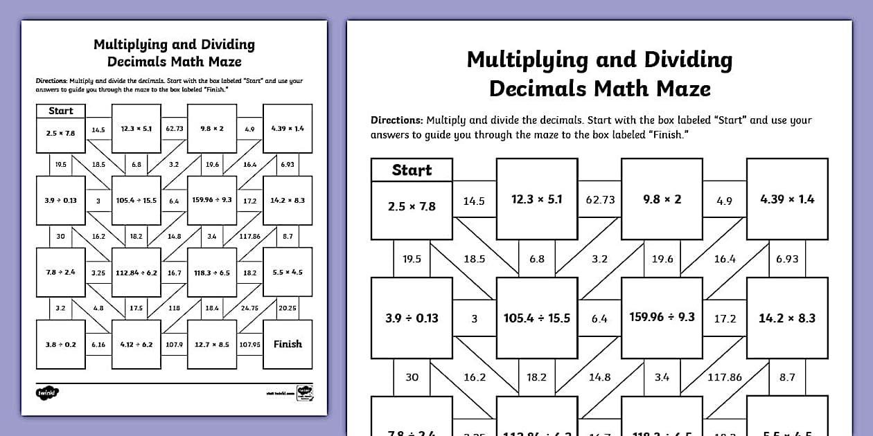Sixth Grade Multiplying and Dividing Decimals Math Maze Activity