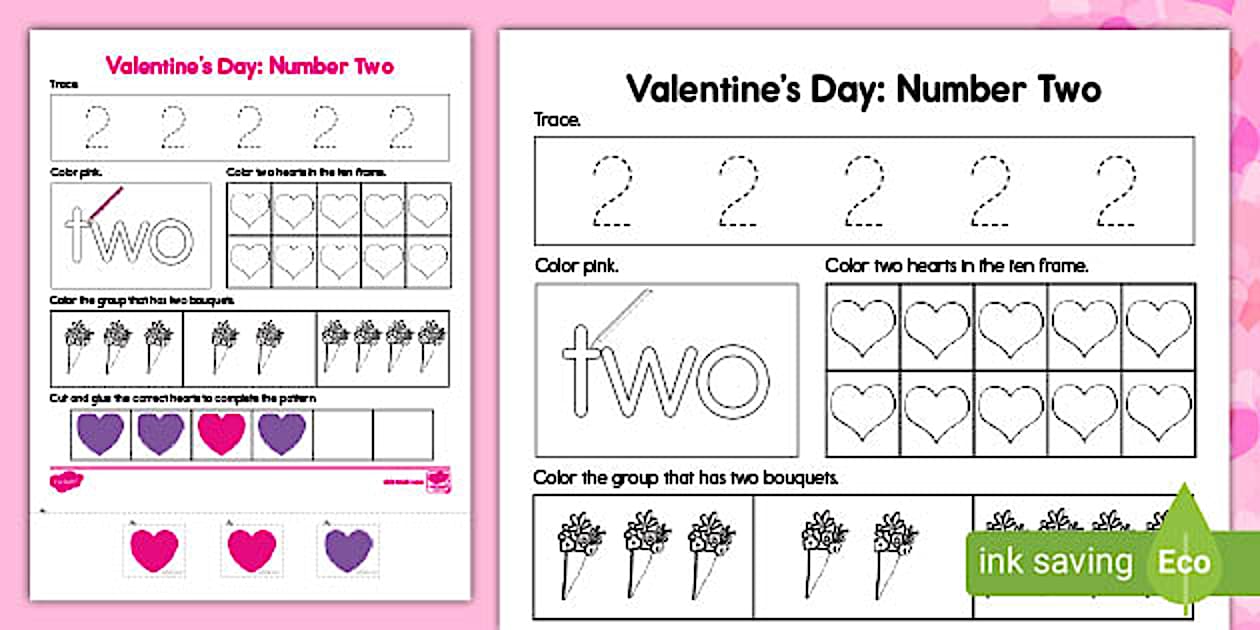 Valentine's Day Number Two Activity Worksheet | Pre-K | Math | Twinkl