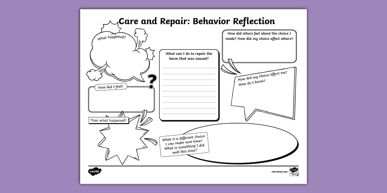 Care and Repair: Behavior Reflection Worksheet for 3rd-5th