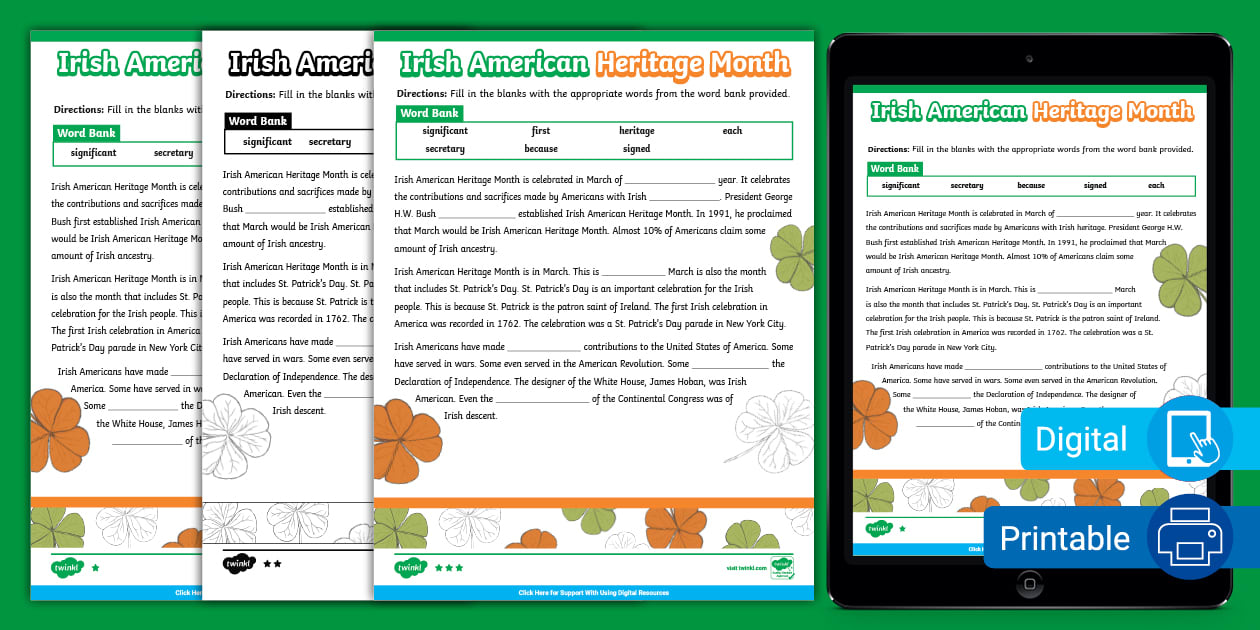 Fourth Grade Irish American Heritage Month Differentiated