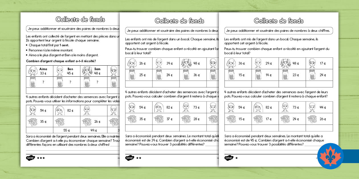 Add and Subtract Pairs of 2-Digit Numbers Differentiated Worksheets French