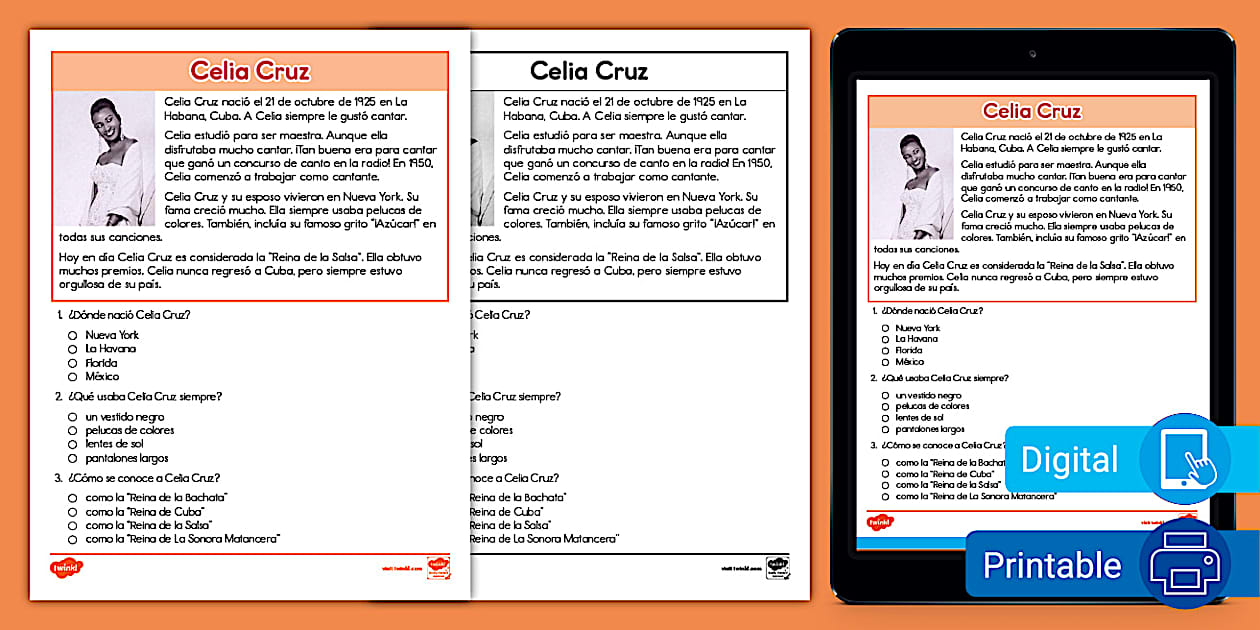 Actividad de pasaje de comprensión de lectura de segundo grado: Celia Cruz